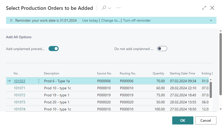 Schedule unplanned production orders in one go by the "Add all" function