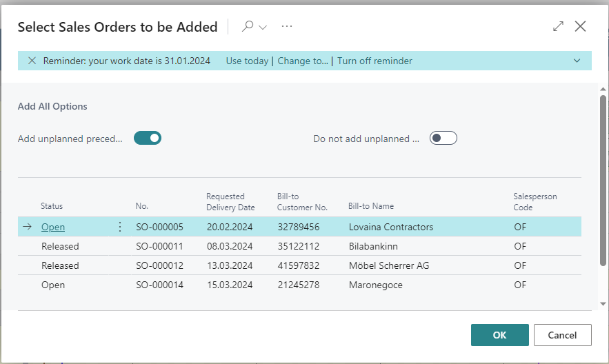 Schedule unplanned production orders in one go by the "Add all" function